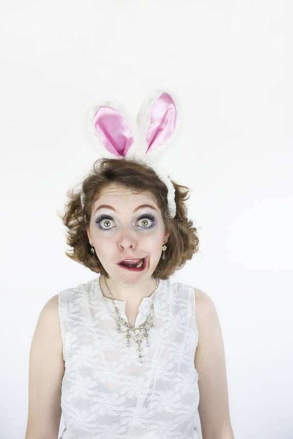 Woman in Rabbit Ears Making Face Stock Photo - Image of humor, mouth ...