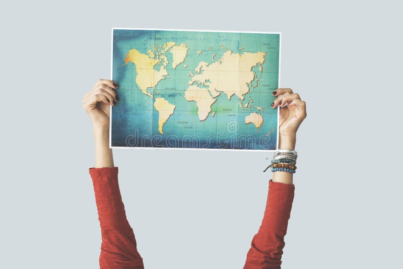 Woman Raised Up Hand Holding World Map Stock Image - Image of globe ...