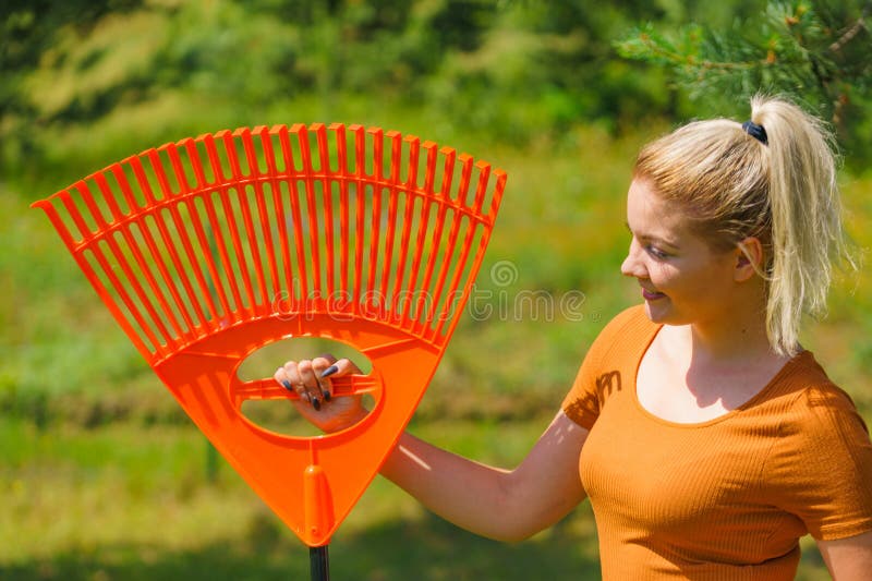 Woman with rake in garden stock photo. Image of person - 308187280