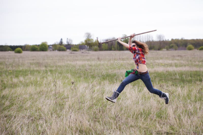 Woman with Rake Run Around Farm Field Stock Image - Image of planting ...