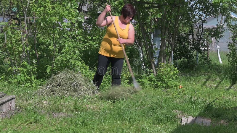 A Woman Rakes Dry Grass in the Yard with a Garden Rake. Stock Footage ...