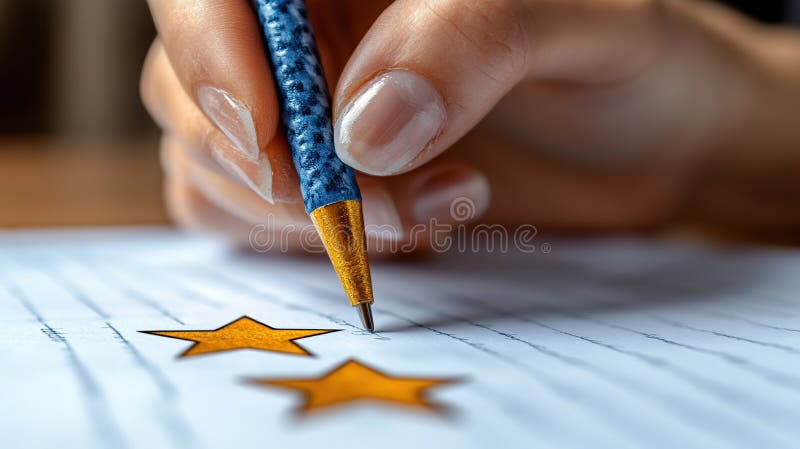 Woman Rating Form with Pen, Office Setting, Stars Background Stock ...