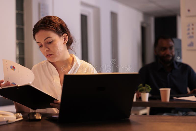 Woman Reading Annual Report, Analyzing Statistics Data Stock Photo ...