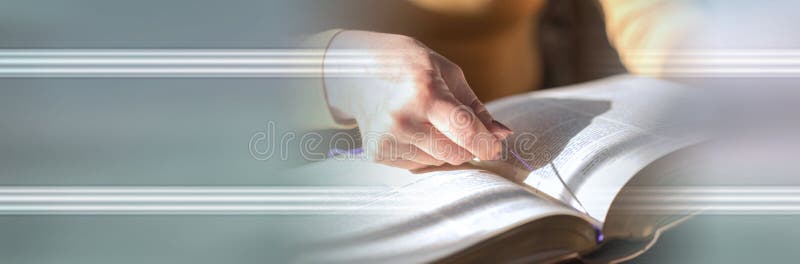 Woman Reading the Bible, Hard Light. Panoramic Banner Stock Photo ...