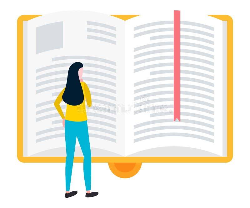 Woman Reading Big Open Book with Bookmark Vector Stock Vector ...