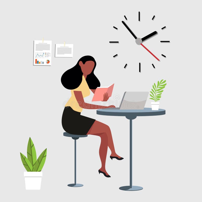 Woman Reading a Book with Computer Workspace Stock Vector ...