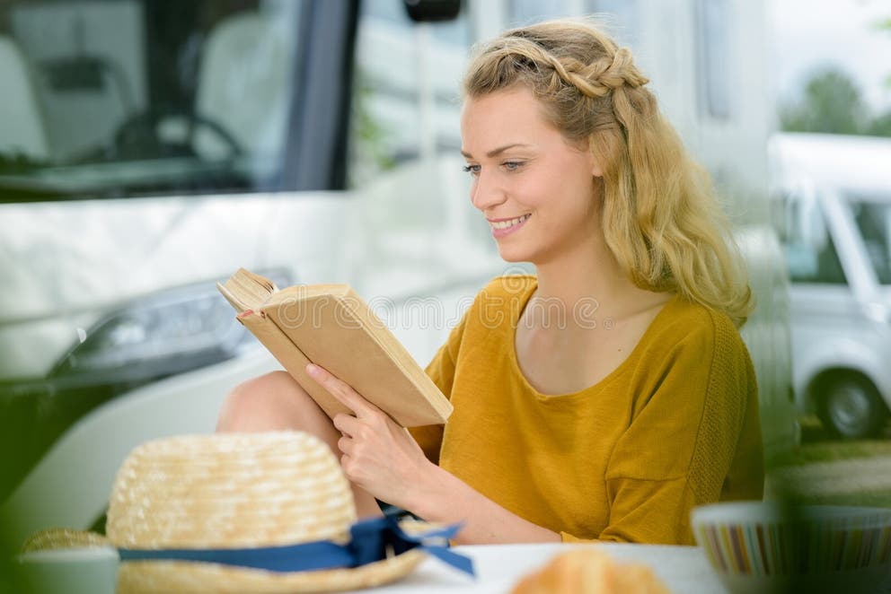 Woman Reading Book Outsider Camper Stock Photo - Image of campsite ...