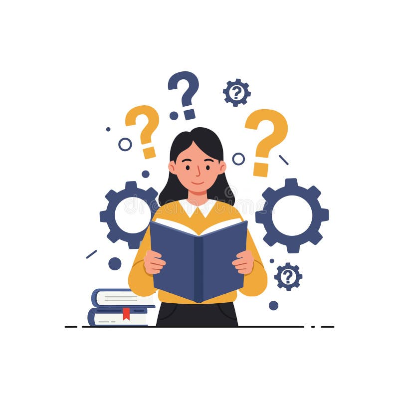 Woman Reading a Book Surrounded by Question Marks and Gears Stock ...