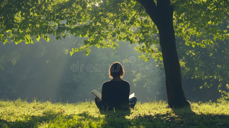 Woman Reading Book Underneath a Tree in Nature Stock Illustration ...