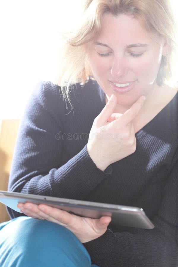 Woman is Reading on Computer Stock Photo - Image of nice, attractive ...