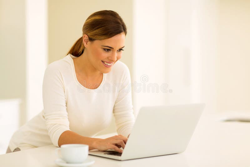 Woman reading emails stock image. Image of computer, happy - 54419685