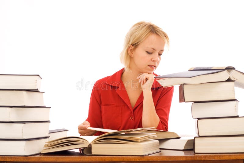 Woman Reading with Large Books Stock Image - Image of examination, prop ...