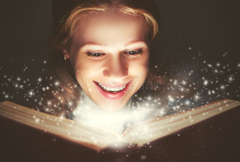 Woman reading a magic book stock image. Image of happy - 60882935