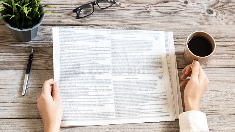 Woman Reading Morning Newspaper at Table Stock Image - Image of ...