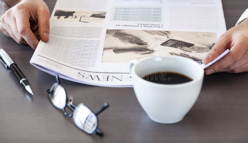 Woman Reading Newspaper on Table Stock Image - Image of printed ...