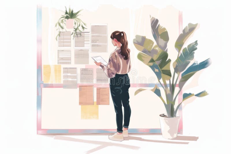 Woman Reading Notes on a Board in a Bright Office Setting. Stock ...