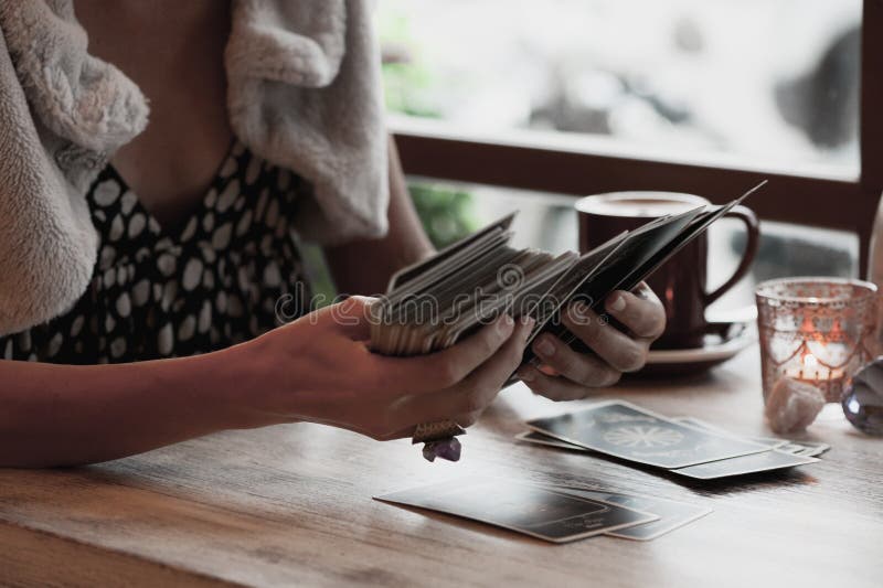 Woman is Reading Tarot Cards in Cafe Stock Photo - Image of future ...