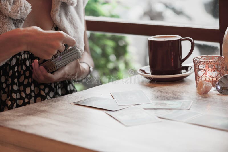 Woman is Reading Tarot Cards in Cafe Stock Photo - Image of cartomancy ...