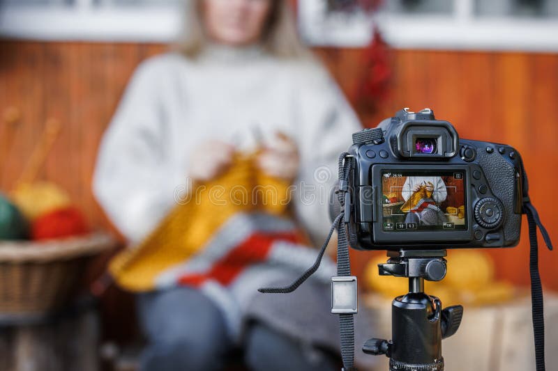 Woman Recording on Camera Video Tutorial or Blog about Knitting Wool ...