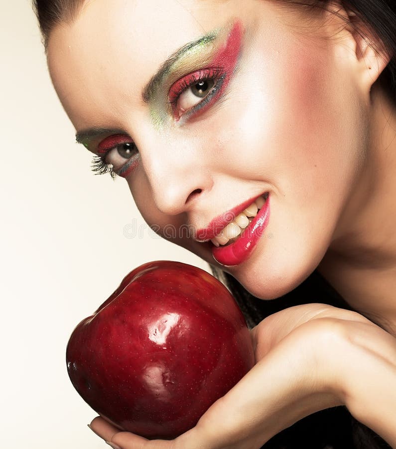 Woman with red apple stock photo. Image of laugh, alone - 48878472