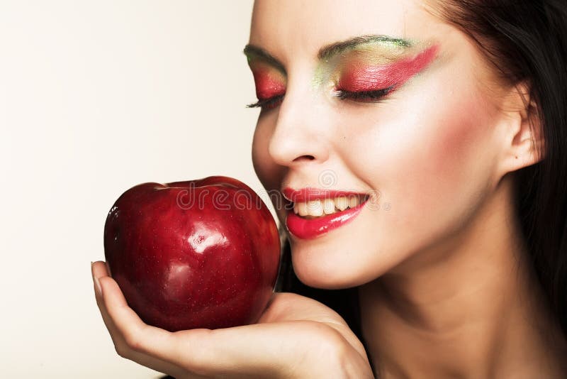 Woman with red apple stock photo. Image of happy, health - 48882862