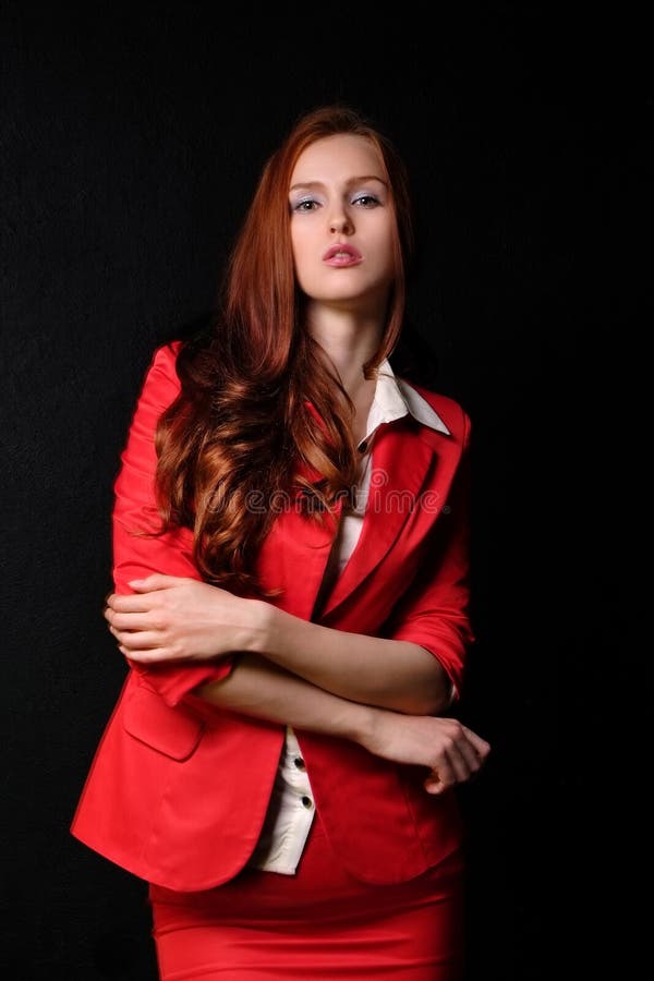 Woman in red stock image. Image of cheerful, happy, formal - 80485963