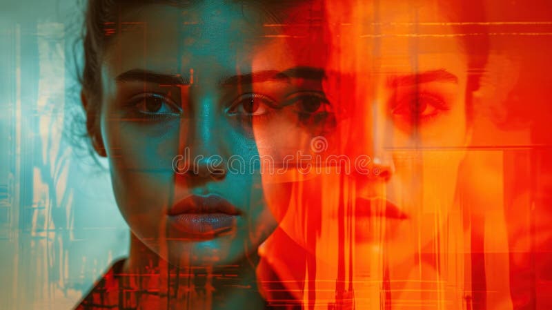 A Woman with a Red and Blue Face in Front of an Abstract Background, AI ...