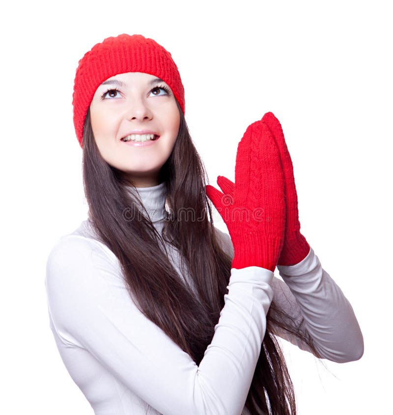 Woman in Red Cap and Mittens Rejoices Stock Photo - Image of people ...