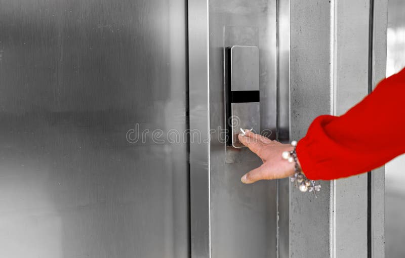 Woman in Red Dress Pressing Button Stock Photo - Image of building ...