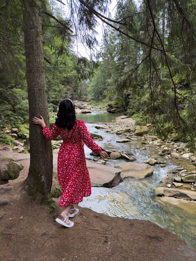 Woman in Red Dress by Serene Forest River Stock Image - Image of cheerful, riverside: 334070929