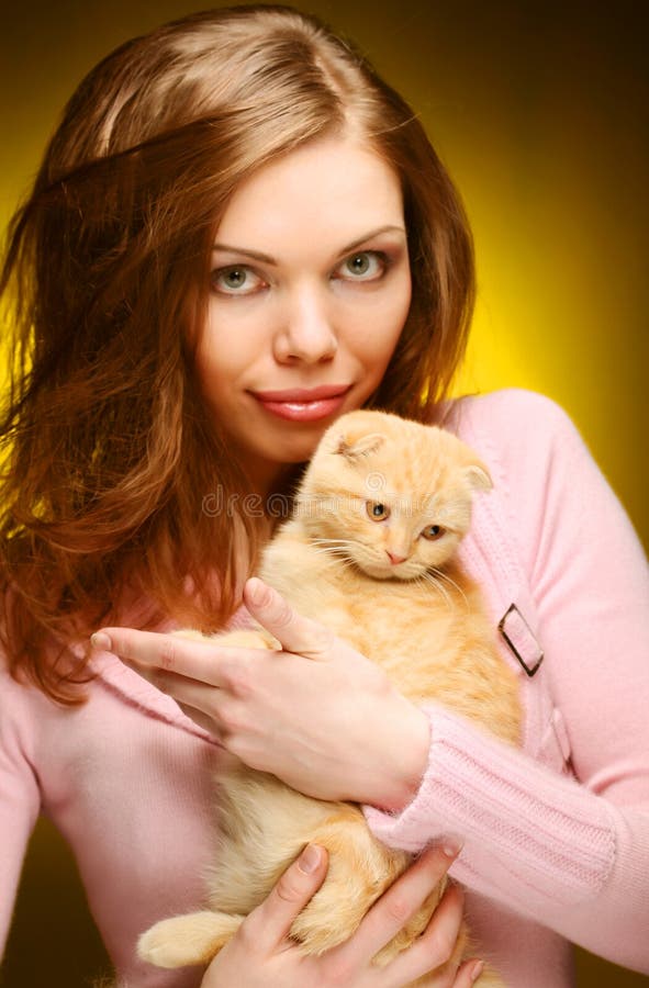 Woman with Red England Lop-eared Kitten Stock Photo - Image of eyes ...