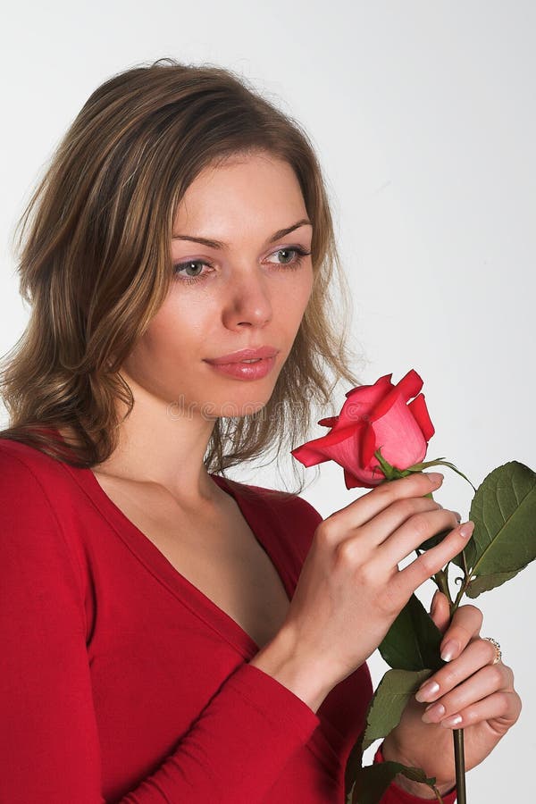 The Woman in Red with a Flower Stock Image - Image of laughing, view ...