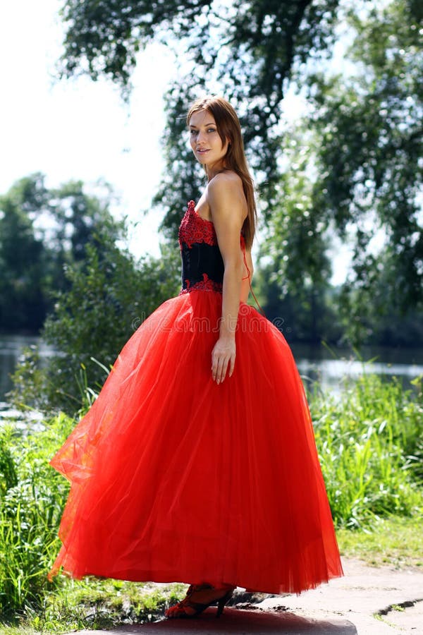 Woman in a Red Gothic Dress Stock Image - Image of outdoor, face: 35228215