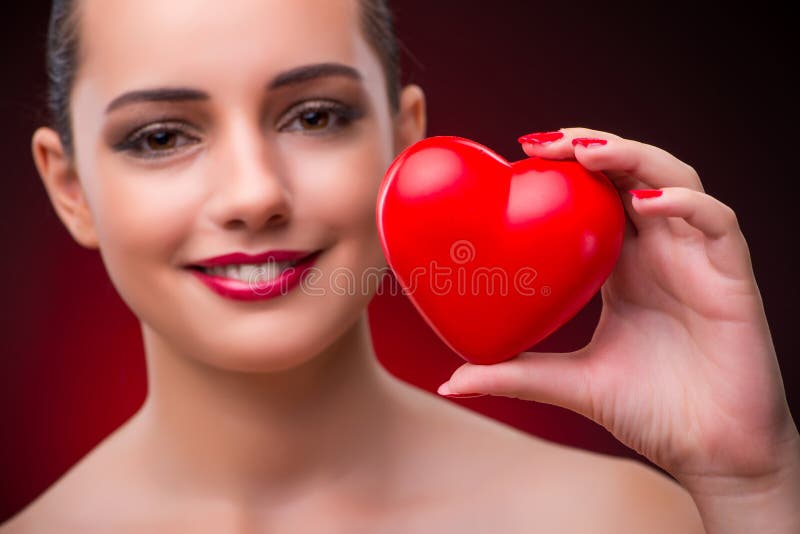 The Woman with Red Heart in Romantic Concept Stock Image - Image of ...