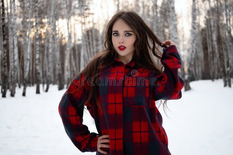 Woman with Red Lips in Winter Forest Stock Photo - Image of season ...