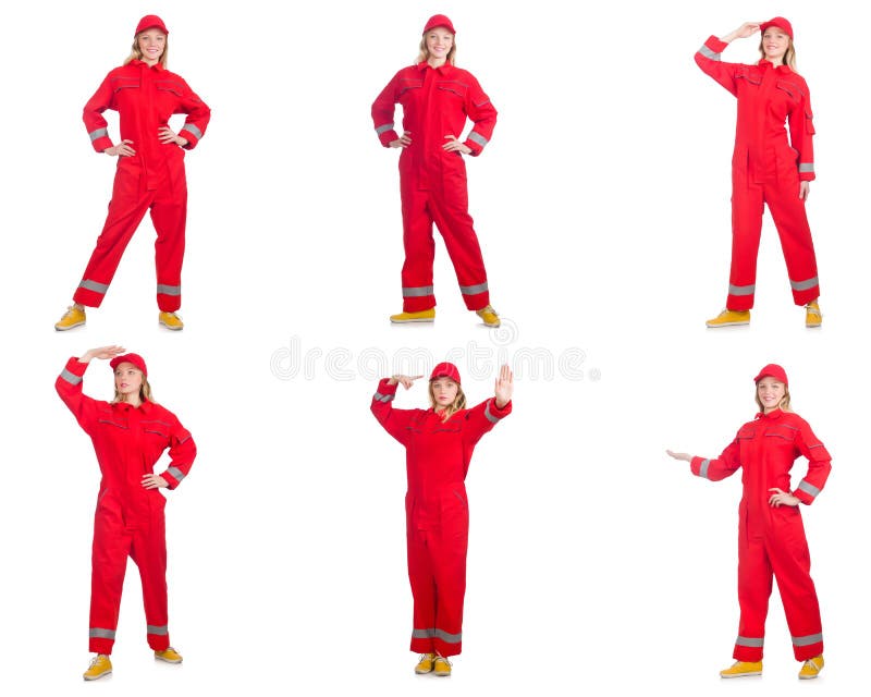 The Woman in Red Overalls Isolated on White Stock Photo - Image of ...