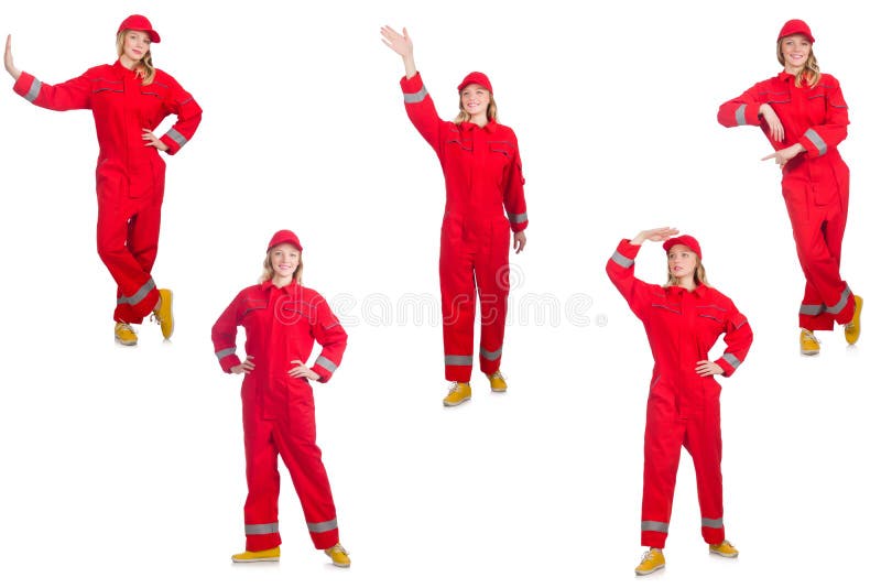 The Woman in Red Overalls on White Stock Photo - Image of coveralls ...