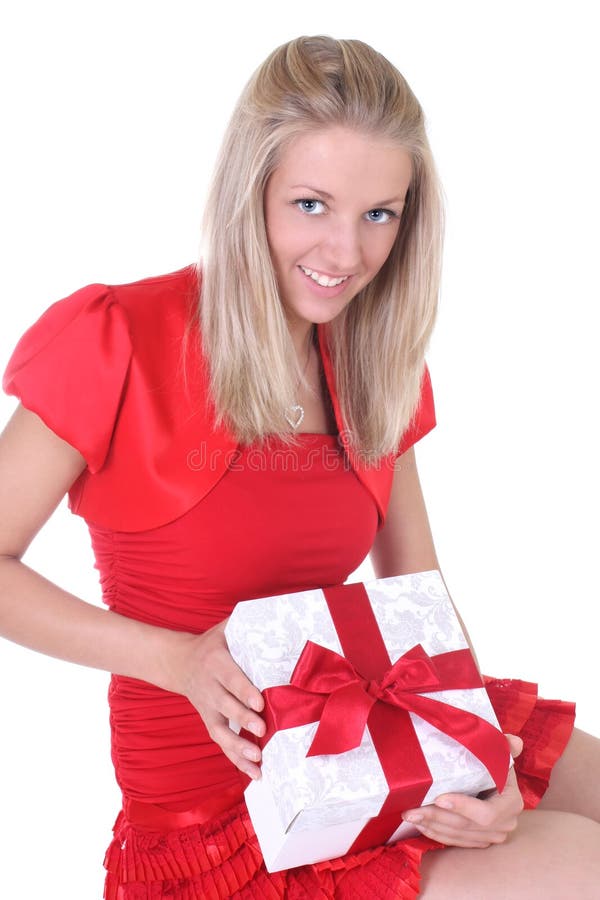 Woman in red with present stock photo. Image of attractive - 17842736