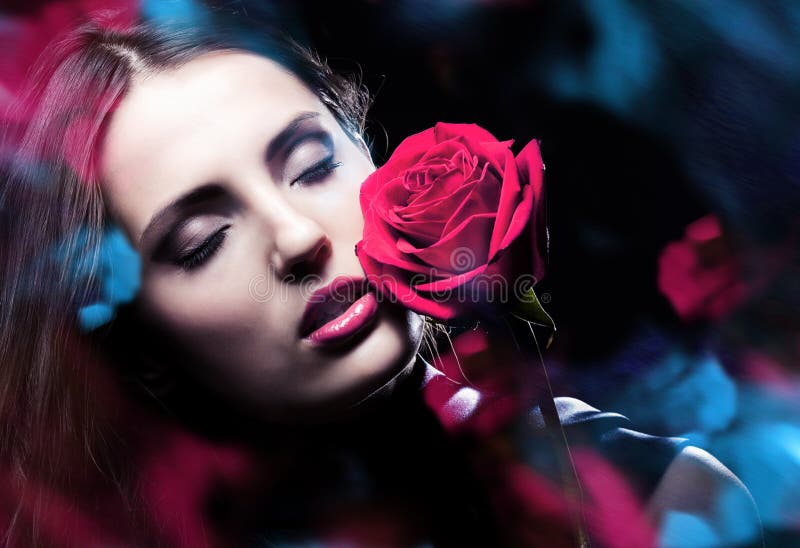 Woman with red rose stock photo. Image of cute, close - 36219658