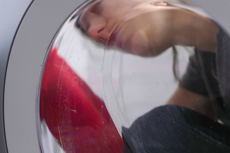 Woman in Red Rubber Gloves is Washing a Washing Machine with Sponge ...