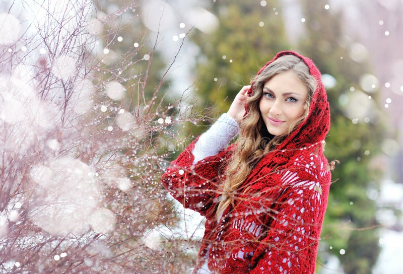 Woman with a Red Shawl in Winter Stock Photo - Image of christmas ...