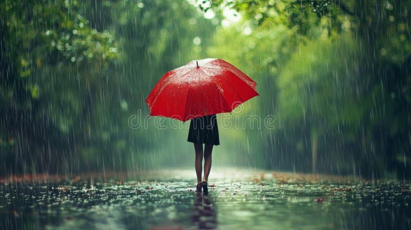 Woman with Red Umbrella Walking in Rain Stock Illustration ...