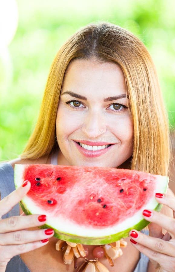 Woman With A Red Watermelon Stock Image Image Of Delicious Snack