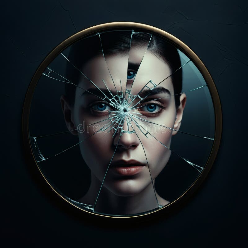 Woman Reflection in a Shattered Mirror Symbolizing Broken Identity and ...