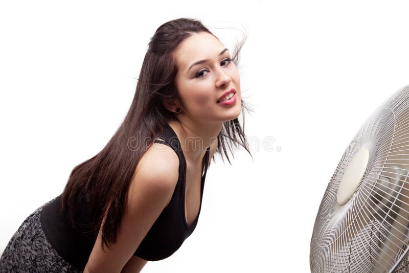 Woman Refreshing in Front of Big Fan Stock Image - Image of refreshing ...