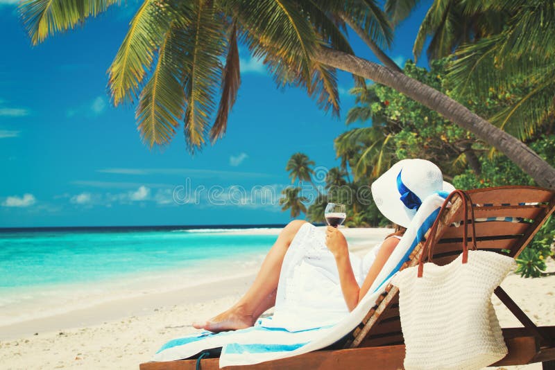 Woman Relax Drinking Wine on Beach Stock Photo - Image of concept ...