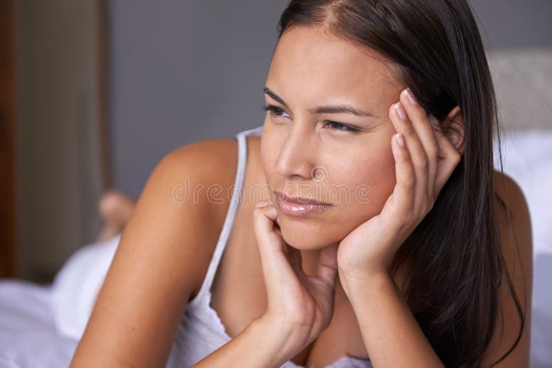 Woman, Relax and Thinking in Bed with Inspiration, Future Insight with ...