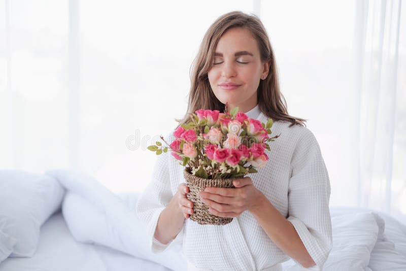 Woman Relax Time on the Bed in Morning Stock Image - Image of female ...
