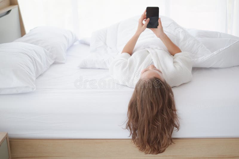 Woman Relax Time on the Bed in Morning Stock Photo - Image of happiness ...