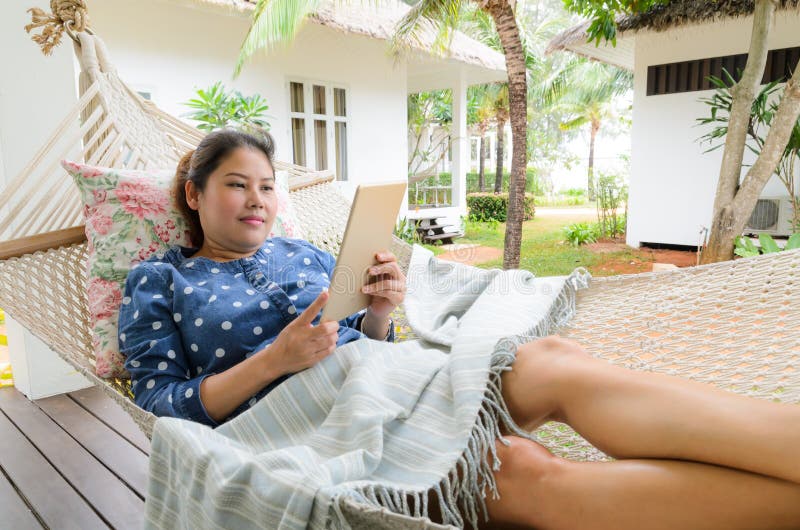 Woman Relax Time Looking Tablet Stock Image - Image of tablet, time ...